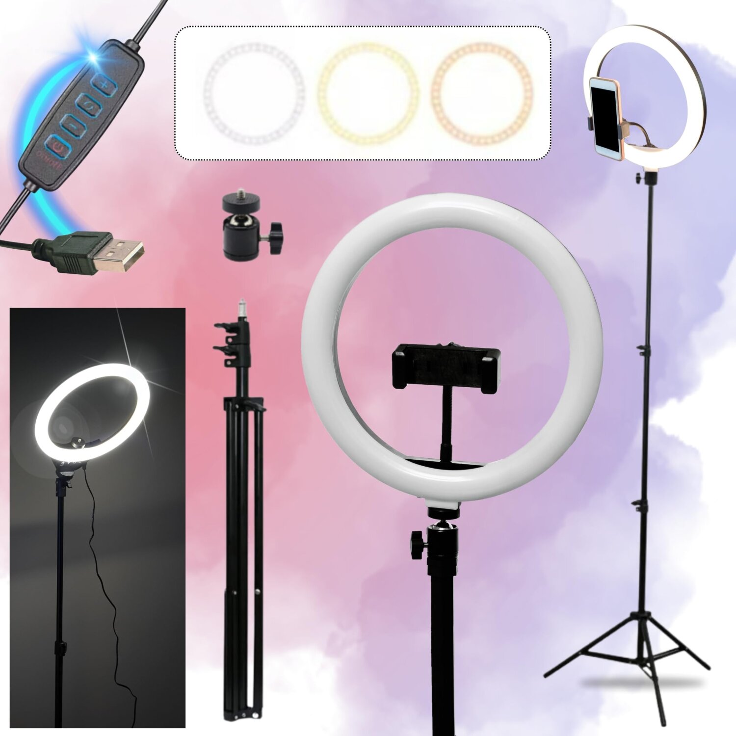 Großes 210cm Stativ + XXL Ringlicht Lampe mit Smartphone Halterung, 19,90