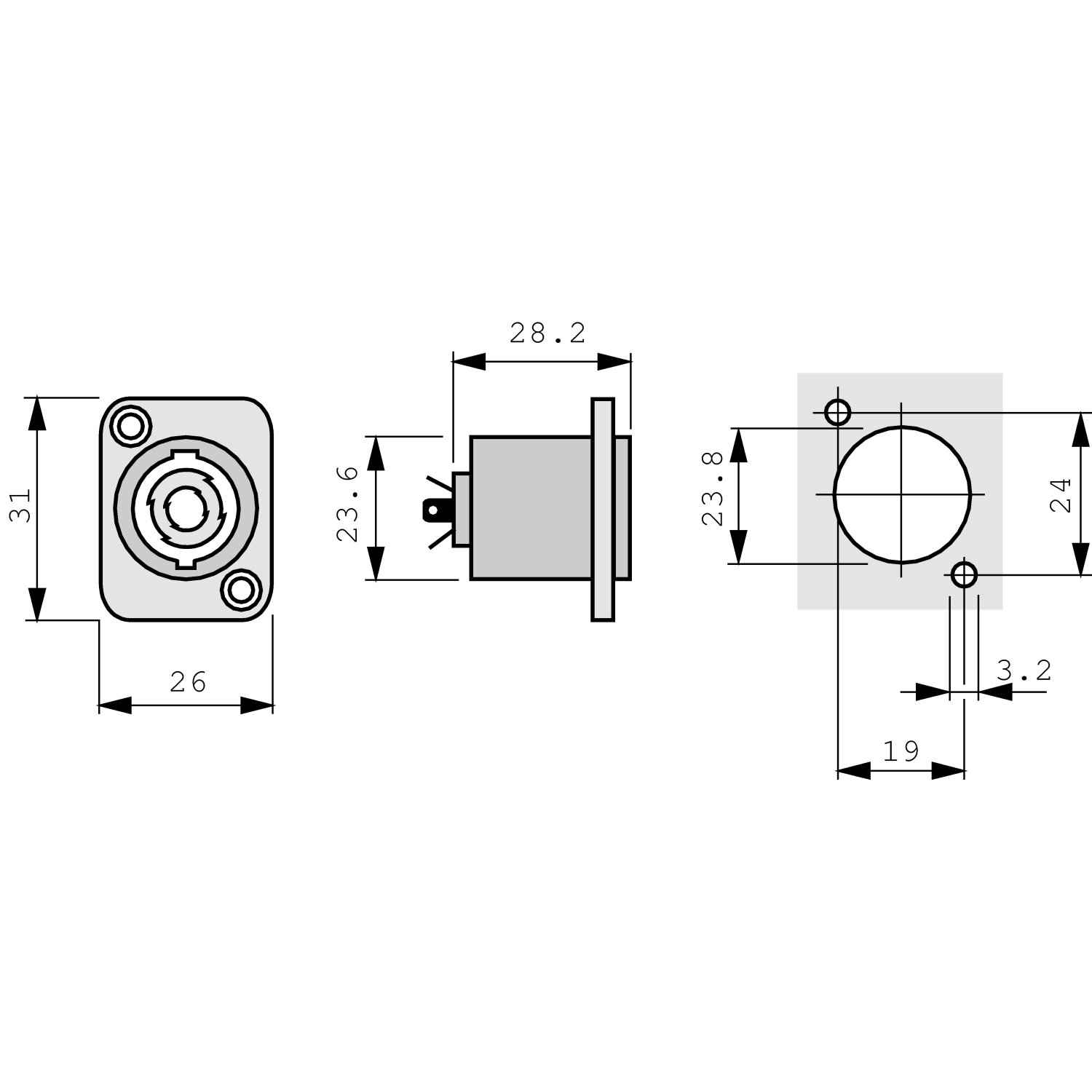 4-poliger SpeakON Einbaustecker, schwarzer D-Form Flansch, 3,15
